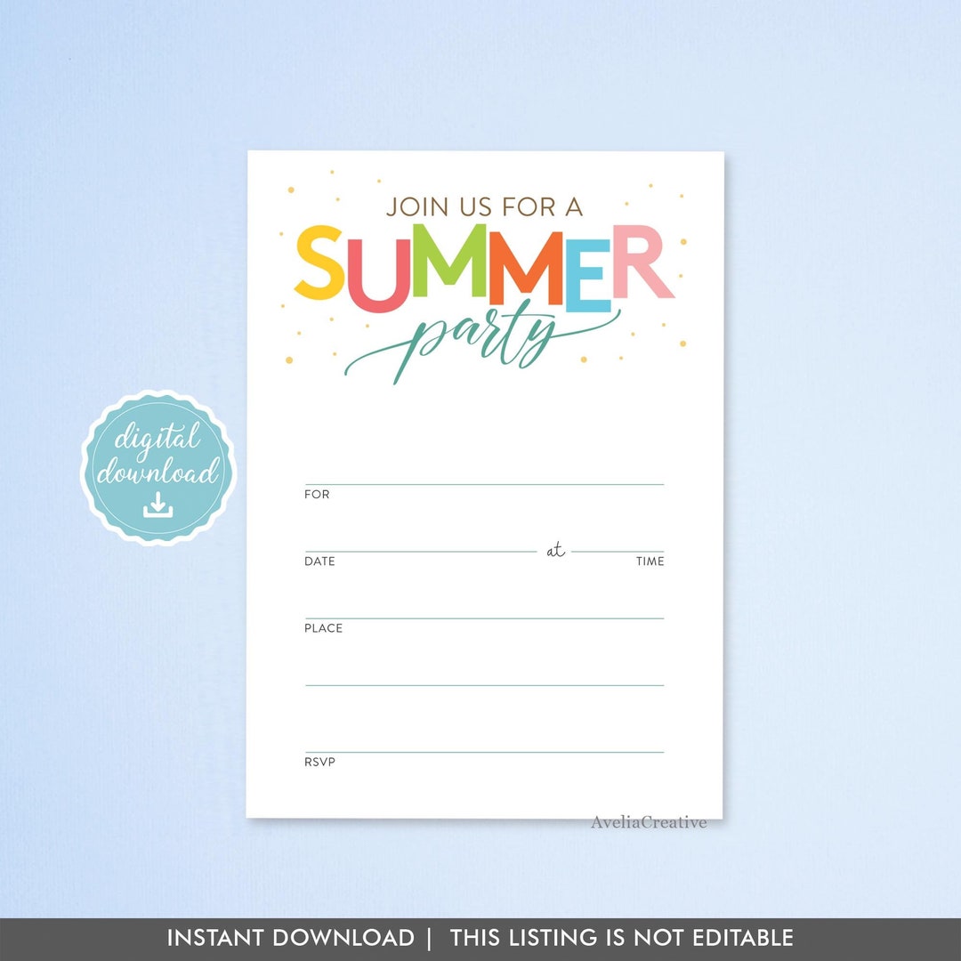 Summer Party Blank Invitation, Instant Download, Fill-in Invite ...