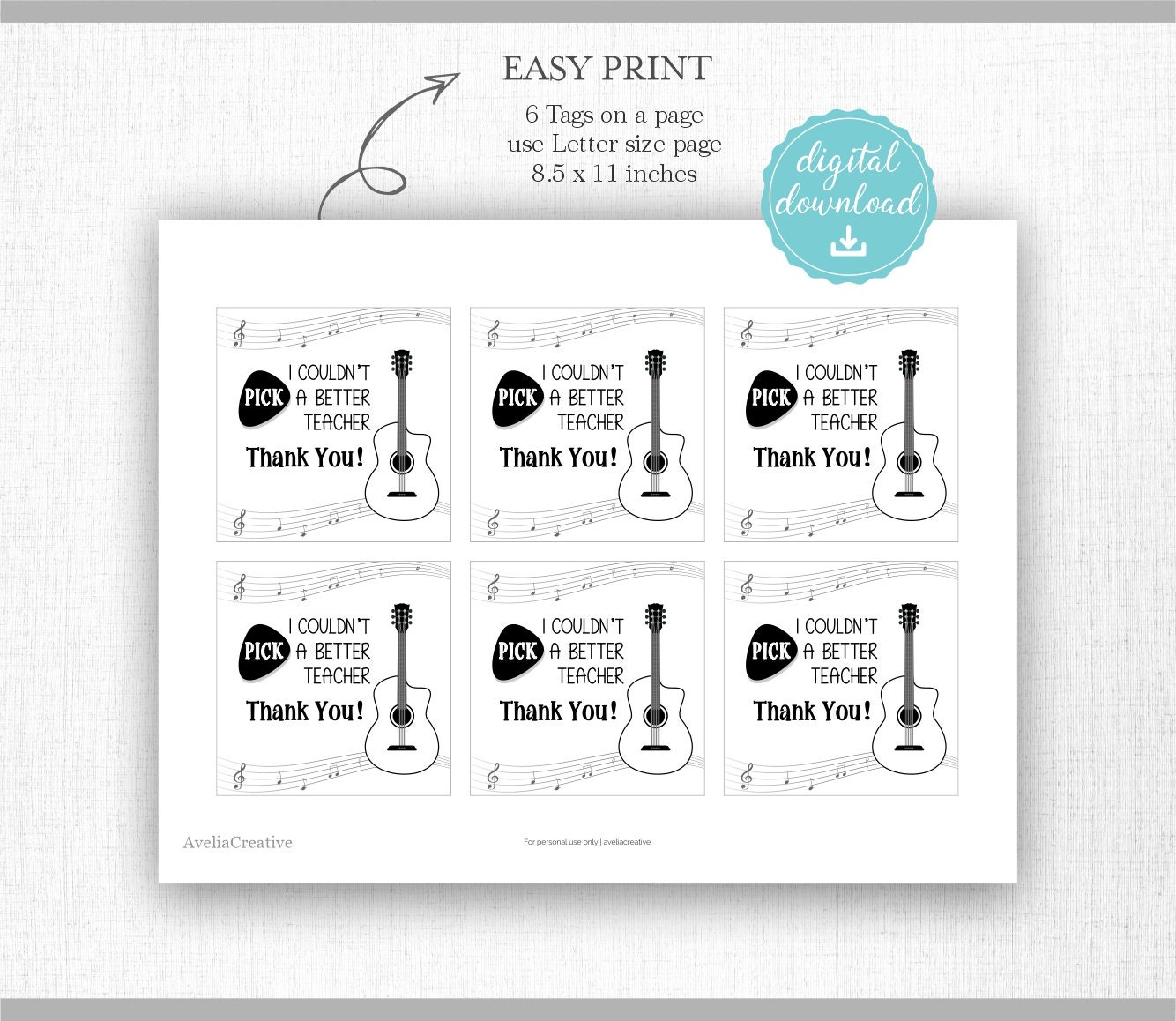 Guitar Teacher Gift Tags, Instant Download, Printable Music Teacher ...