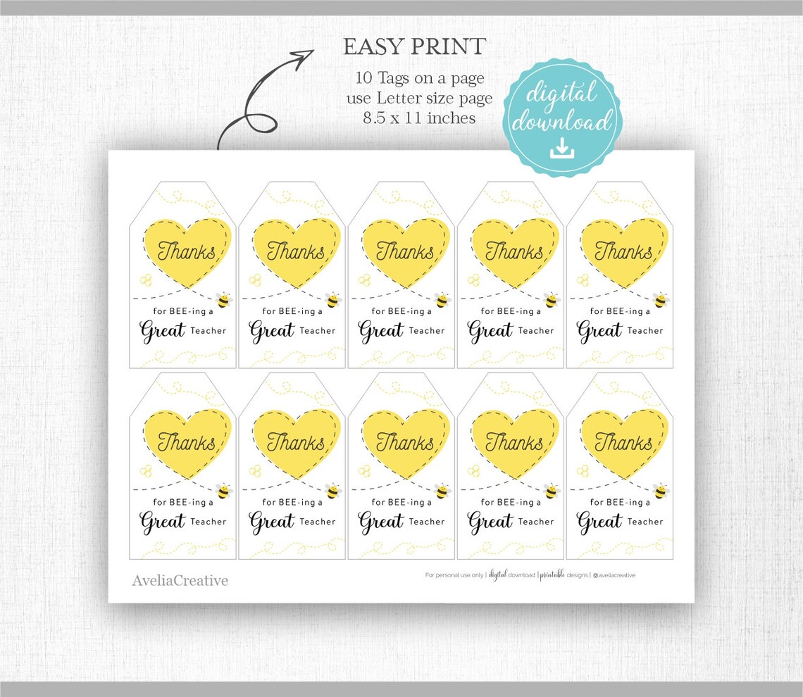 Teacher Appreciation Gift Tags, Instant Download, Thanks for Bee-ing a ...