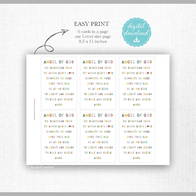 Printable Prayer Card Angel of God, Instant Download, Prayer to ...