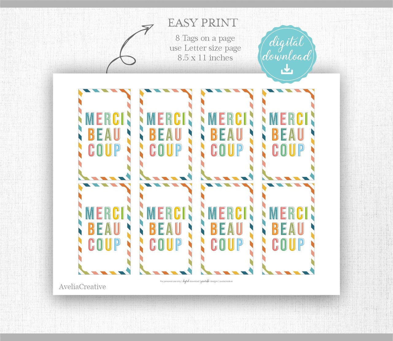 Merci Beaucoup Thank You Tag, Instant Download, Printable Thank You ...