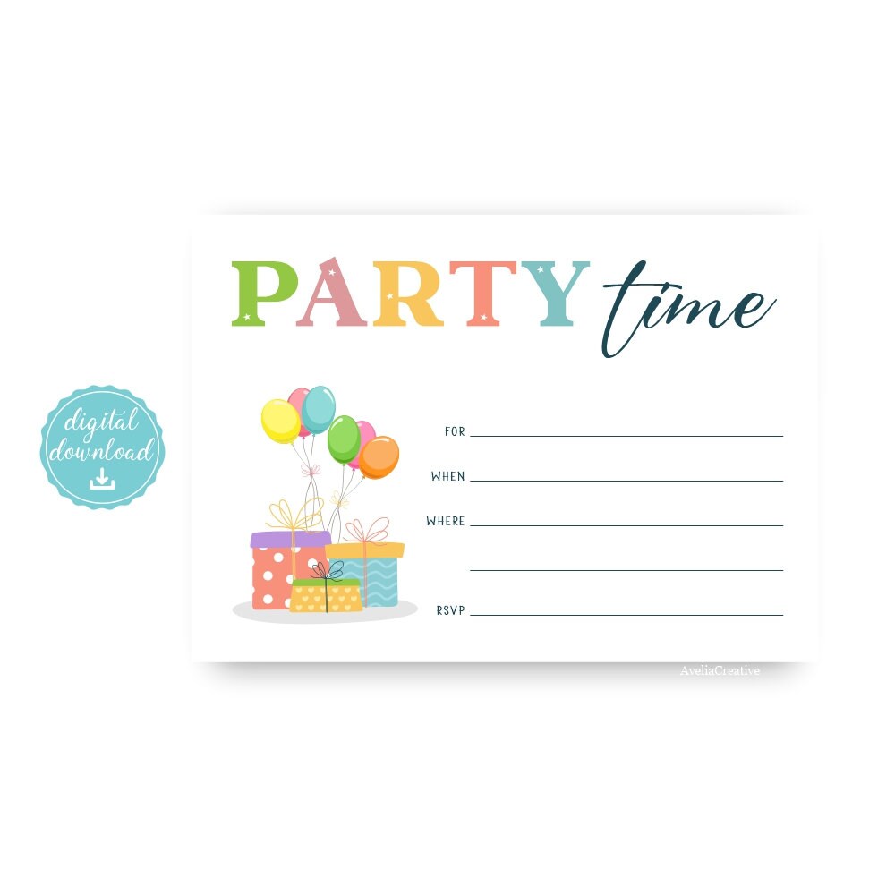 Party Time Invitation, Instant Download, Blank Invitation, Fill-in ...