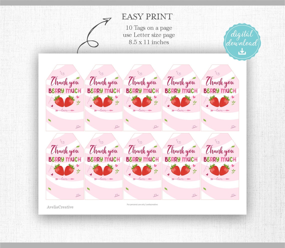 Thank You Berry Much Gift Tags, Instant Download, Berry Much Pink Tags ...