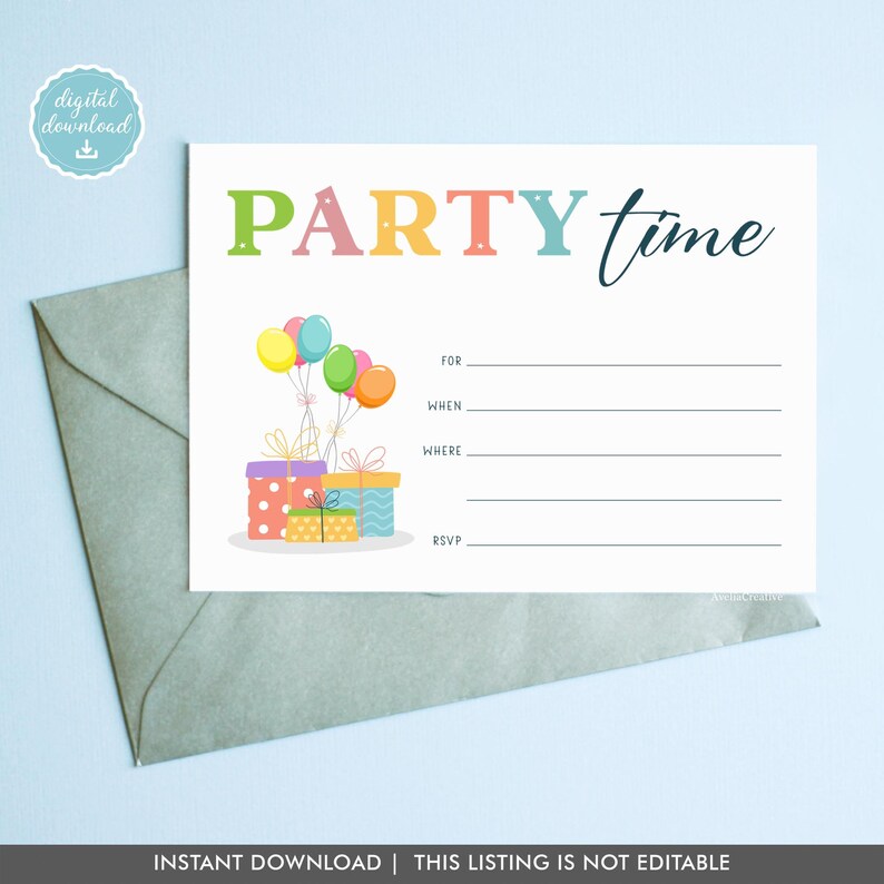 Party Time Invitation, Instant Download, Blank Invitation, Fill-in ...