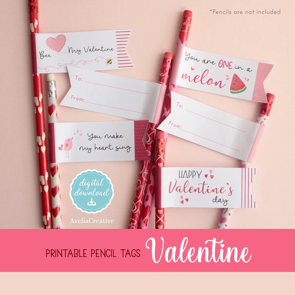 Valentine Printable Pencil Tags, Instant Download, Printable Valentine ...