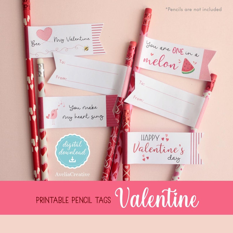 Valentine Printable Pencil Tags, Instant Download, Printable Valentine ...