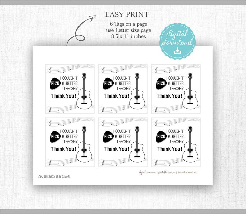 Guitar Teacher Gift Tags Instant Download Printable Music - Etsy