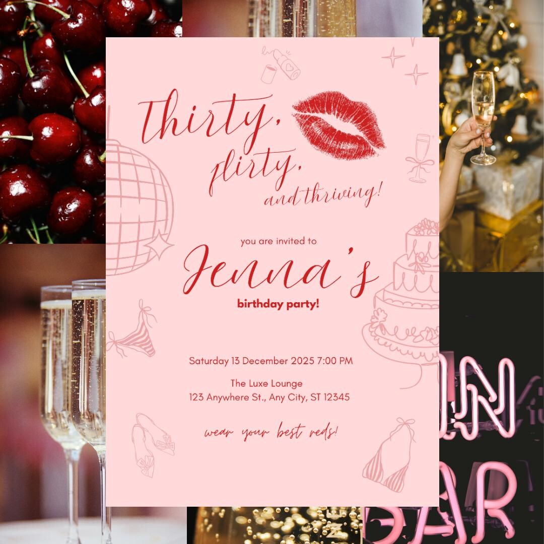 30 Flirty & Thriving Birthday Invitation – Pink Background, Red Fonts ...