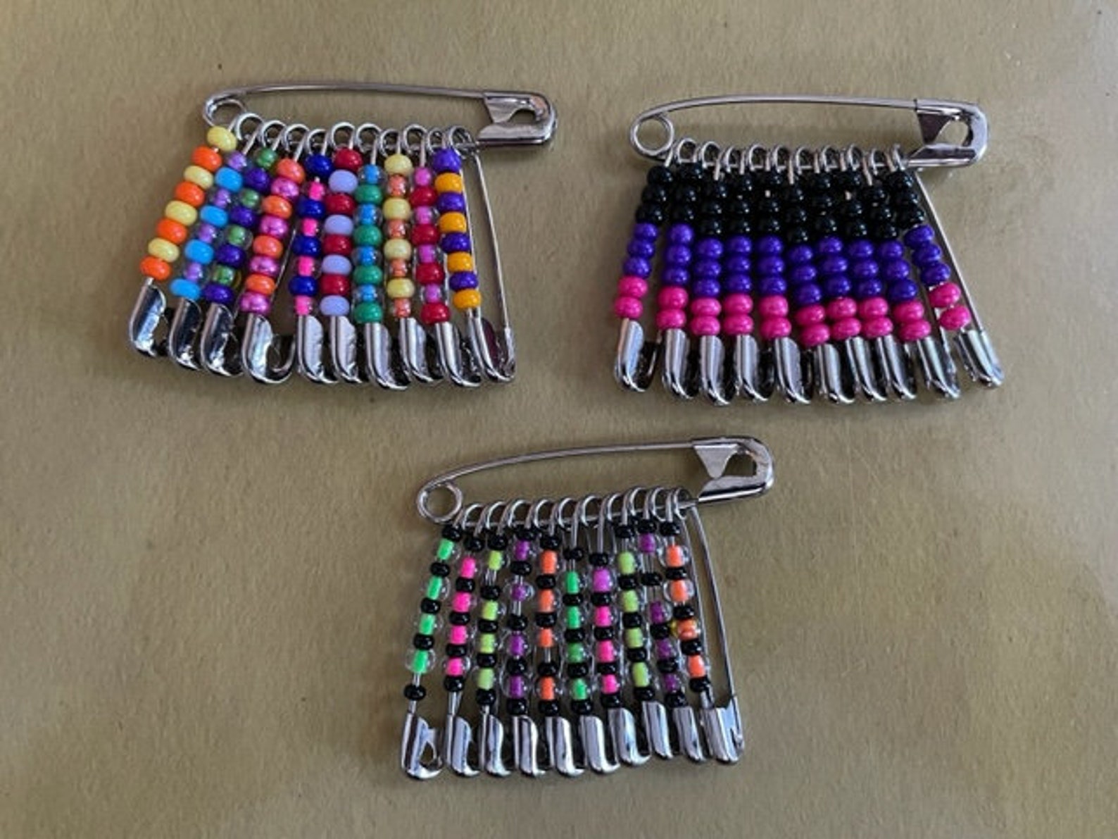 30 Large Friendship Pins - Neon/colorful - Seed Beads/safety Pins ...
