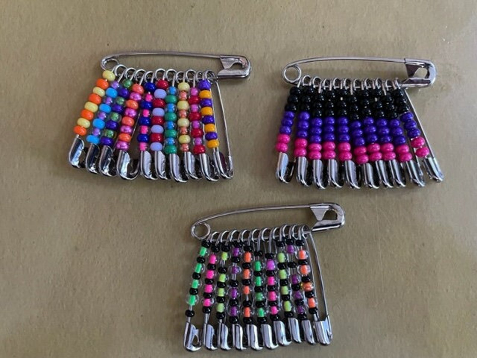 30 Large Friendship Pins - Neon/colorful - Seed Beads/safety Pins ...