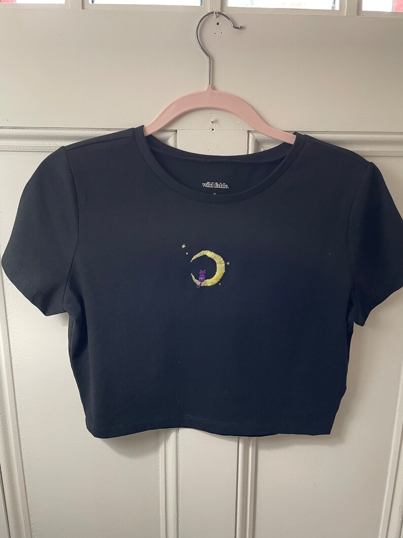 Moon and Cat Design, Hand Embroidered Black Crop Top - Etsy