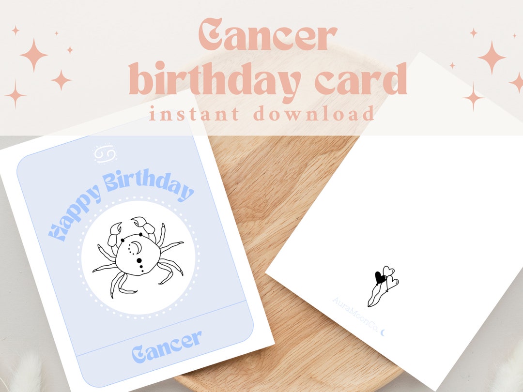 Printable Cancer Birthday Card | Blank Zodiac Birthday Card | Digital Cancer Zodiac Birthday ...