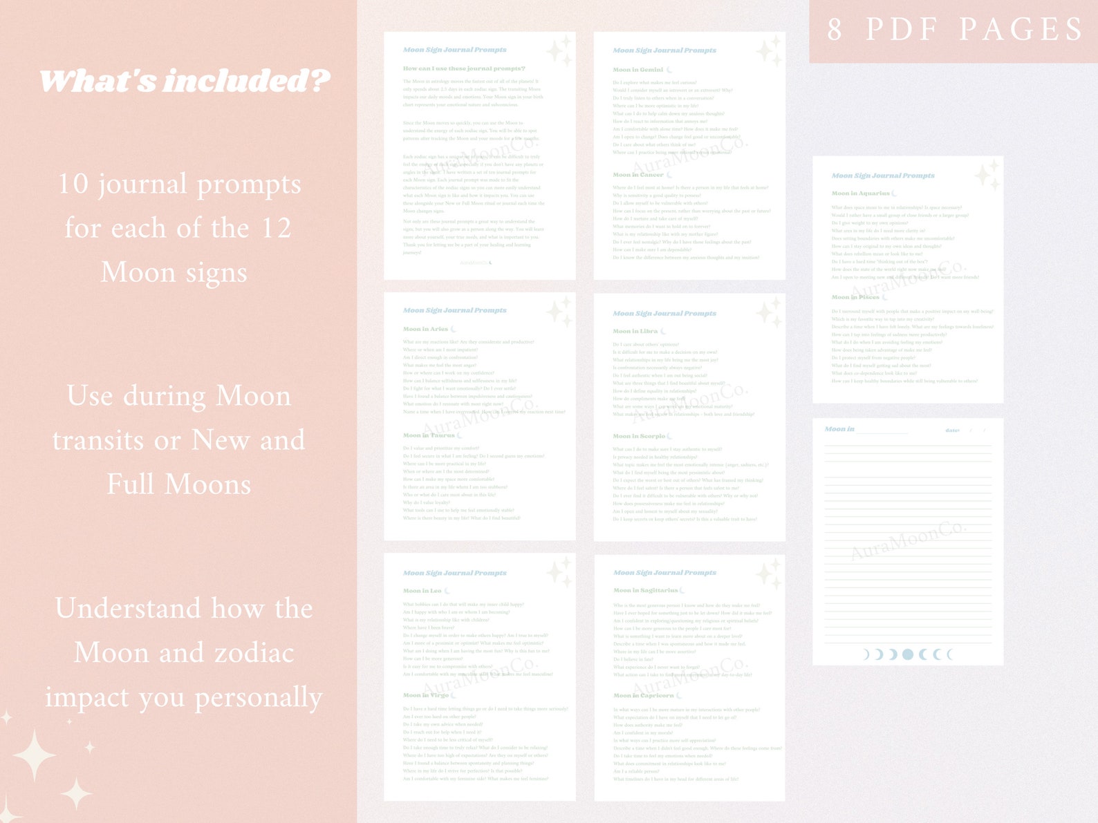 Printable Moon Sign Journal Prompts | Moon Journal 2024 | Moon Journal ...