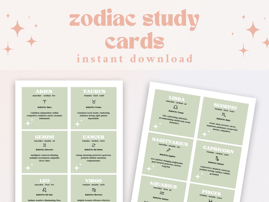 Printable Zodiac Sign Study Cards | Downloadable Zodiac Cards ...