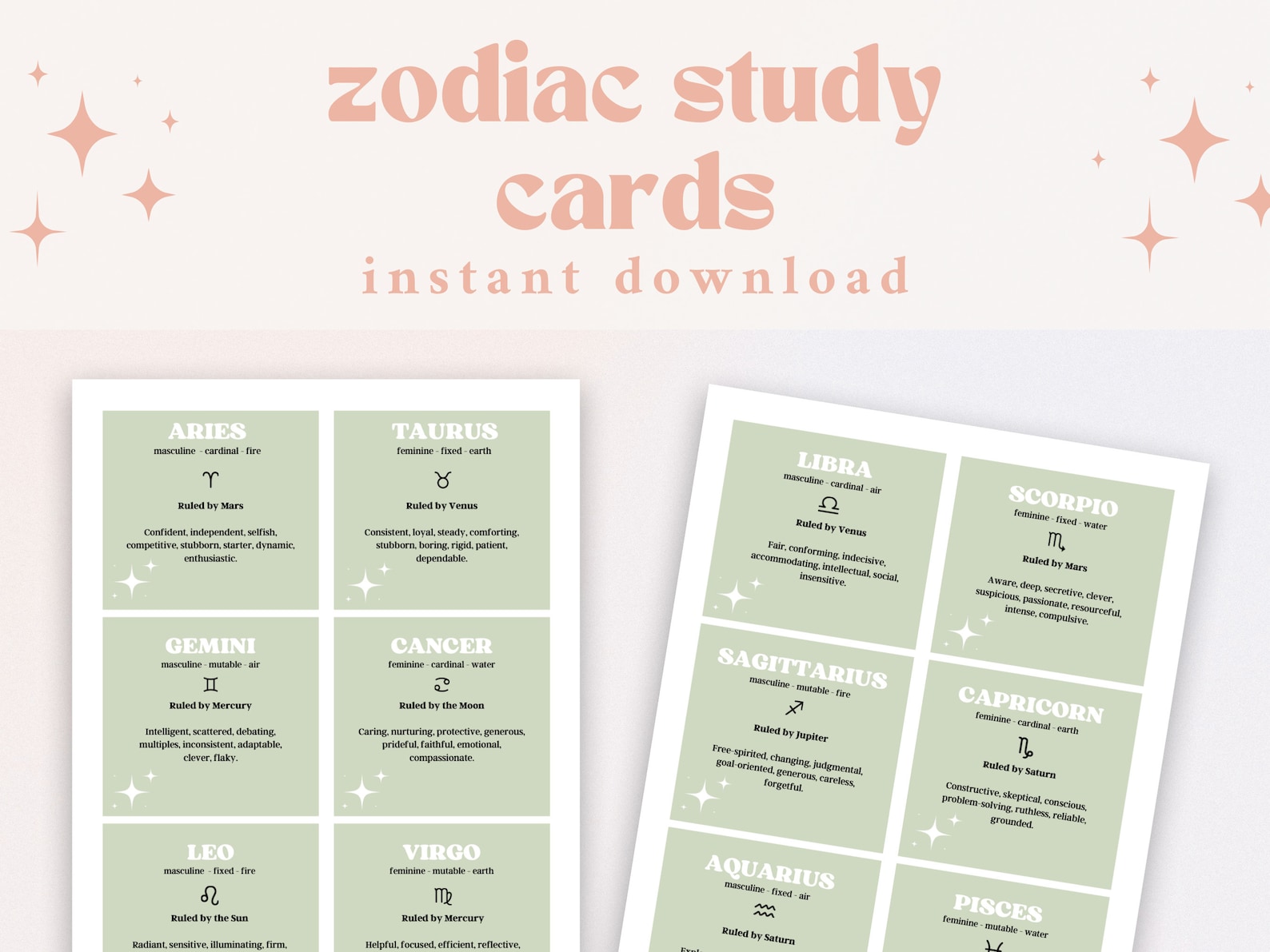 Printable Zodiac Sign Study Cards | Downloadable Zodiac Cards ...