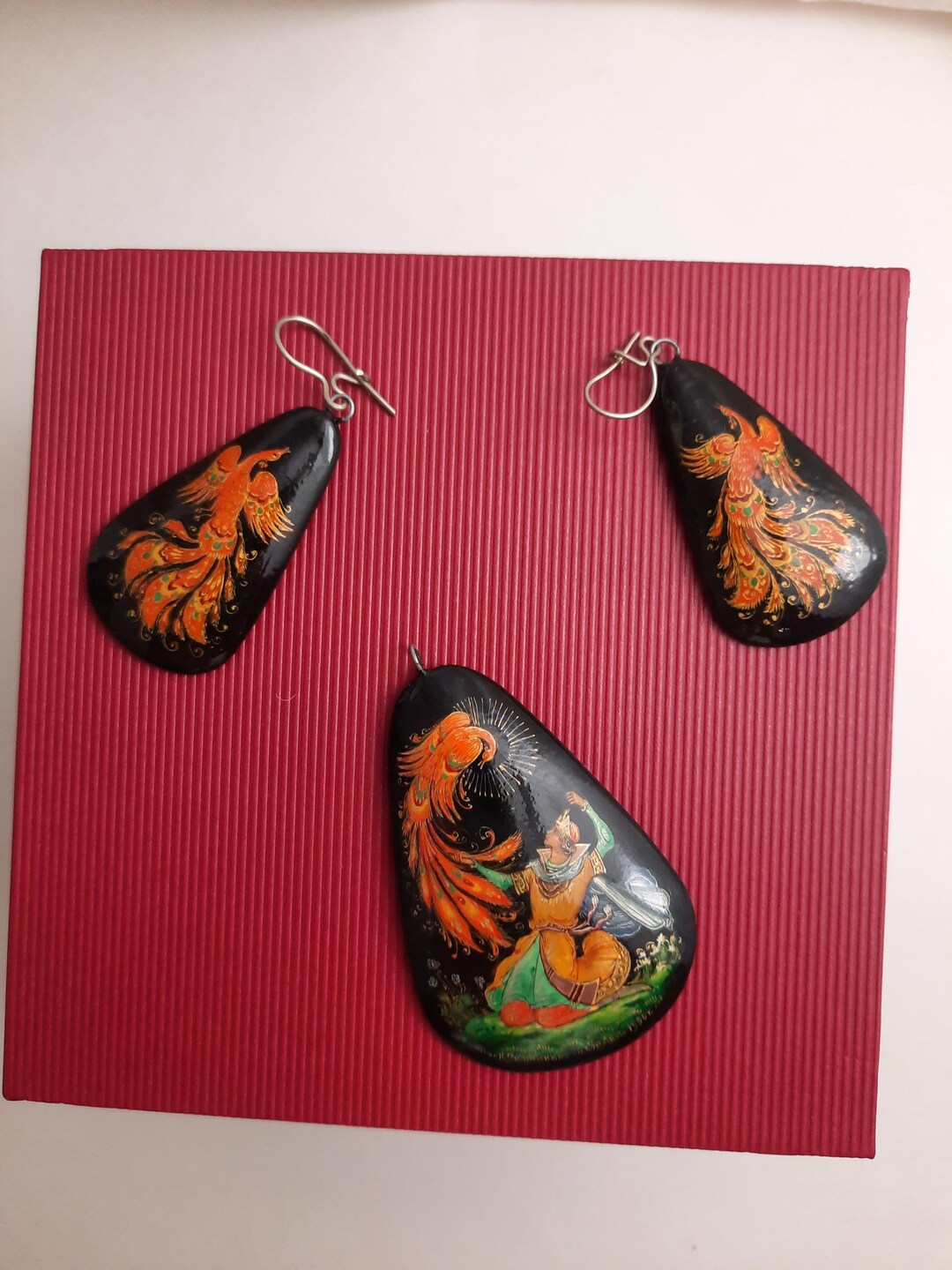 Vintage Russian Lacquer Jewelry Set – Hand-painted Firebird Pendant and ...