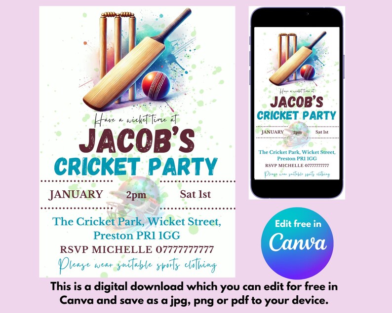 Cricket Party Invites - Digital Download. Fully Editable Using Canva ...