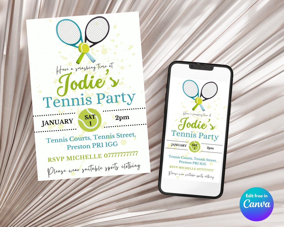 Tennis Party Invites - Digital Download. Fully Editable Using Canva ...