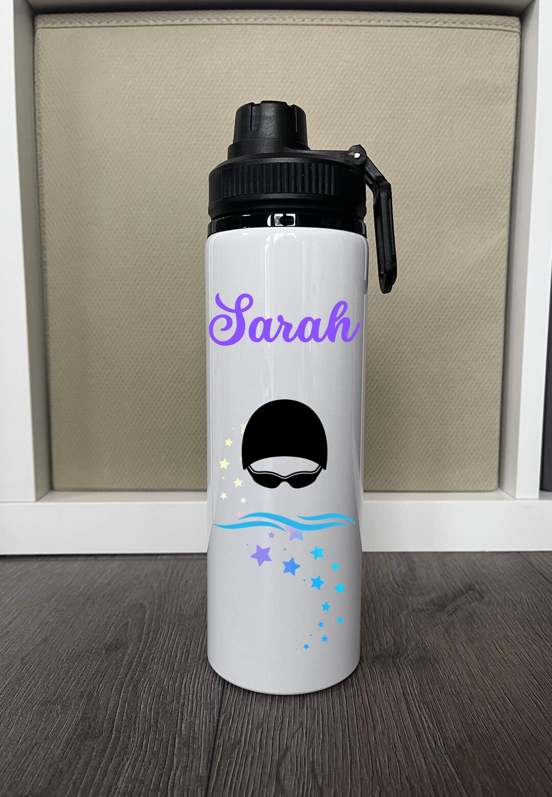 Personalised Swimming Water Bottle, With Swimming Cap and Goggles Image ...