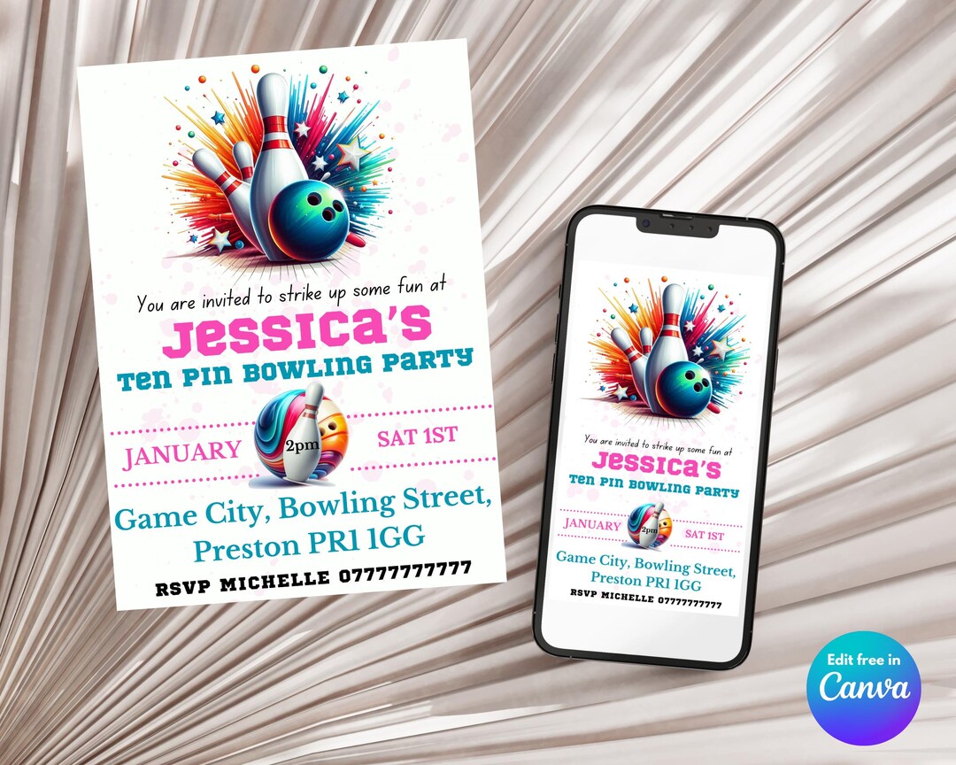 Ten Pin Bowling Party Invites. Fully Editable Using Canva. Party ...