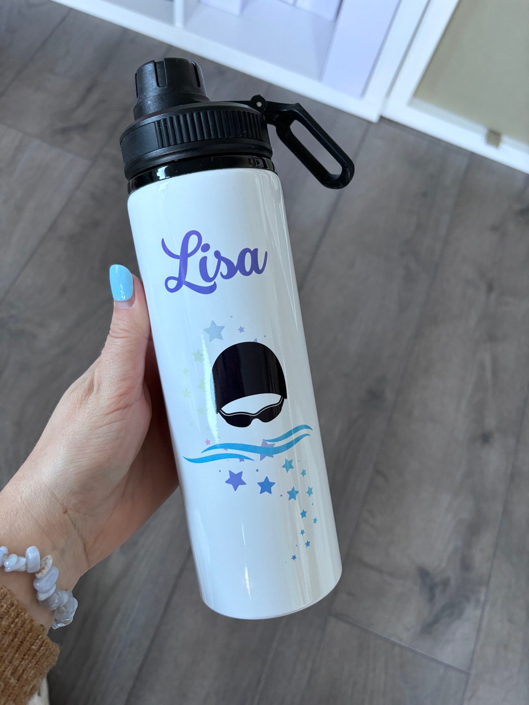 Personalised Swimming Water Bottle, With Swimming Cap and Goggles Image ...