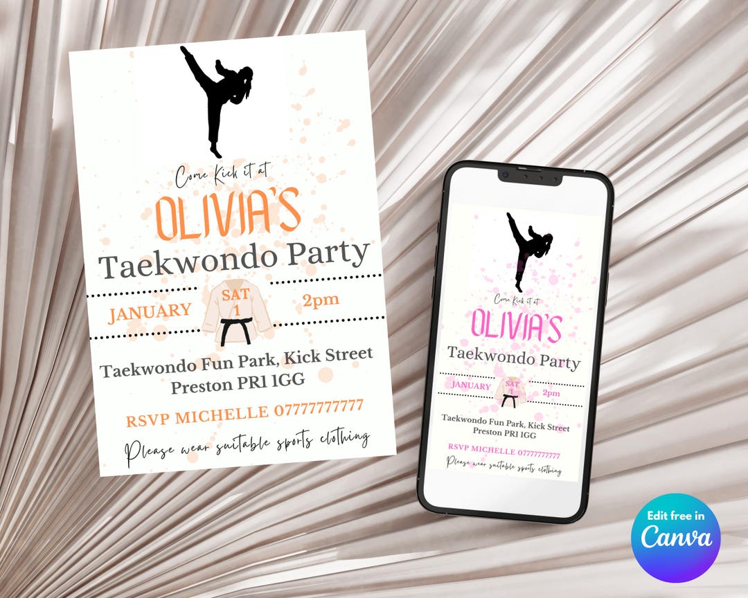 Taekwondo Girl Party Invites - Digital Download. Fully Editable Using ...