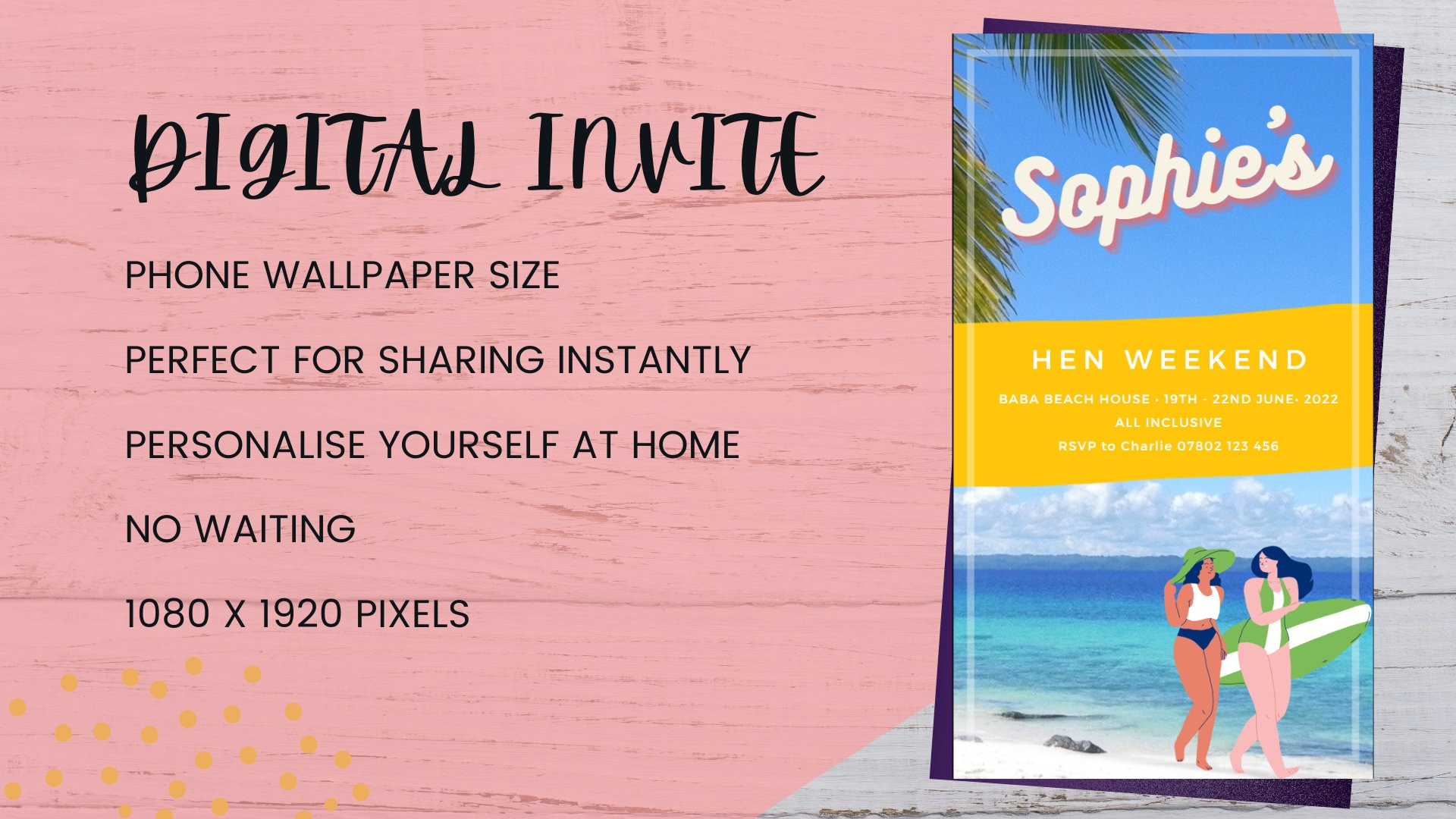 Digital Party Invitation Template, Tropical Party, Retro Invite, Hen Do ...