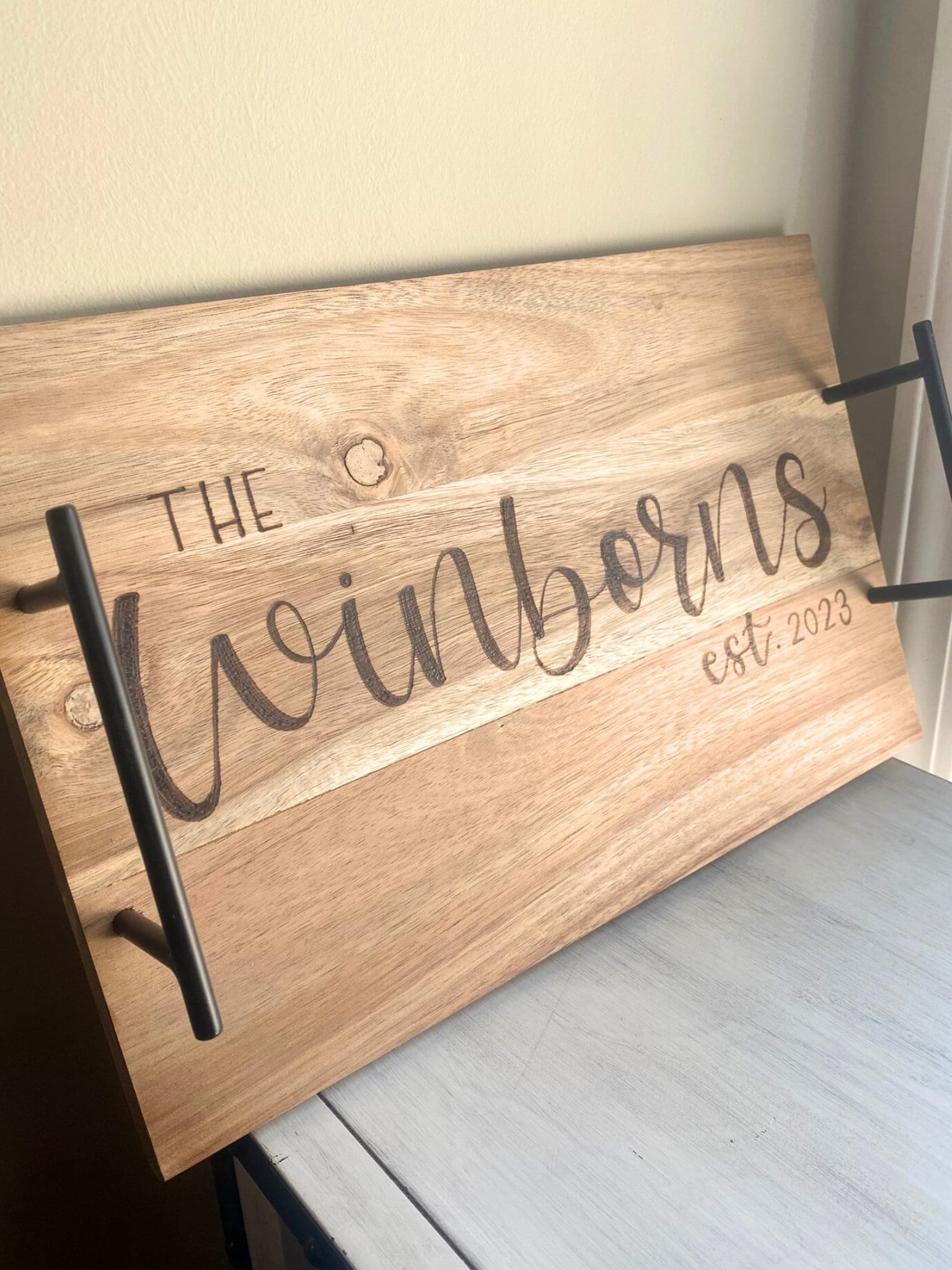Personalized Wooden Tray With Handles, Family Name Serving Board ...