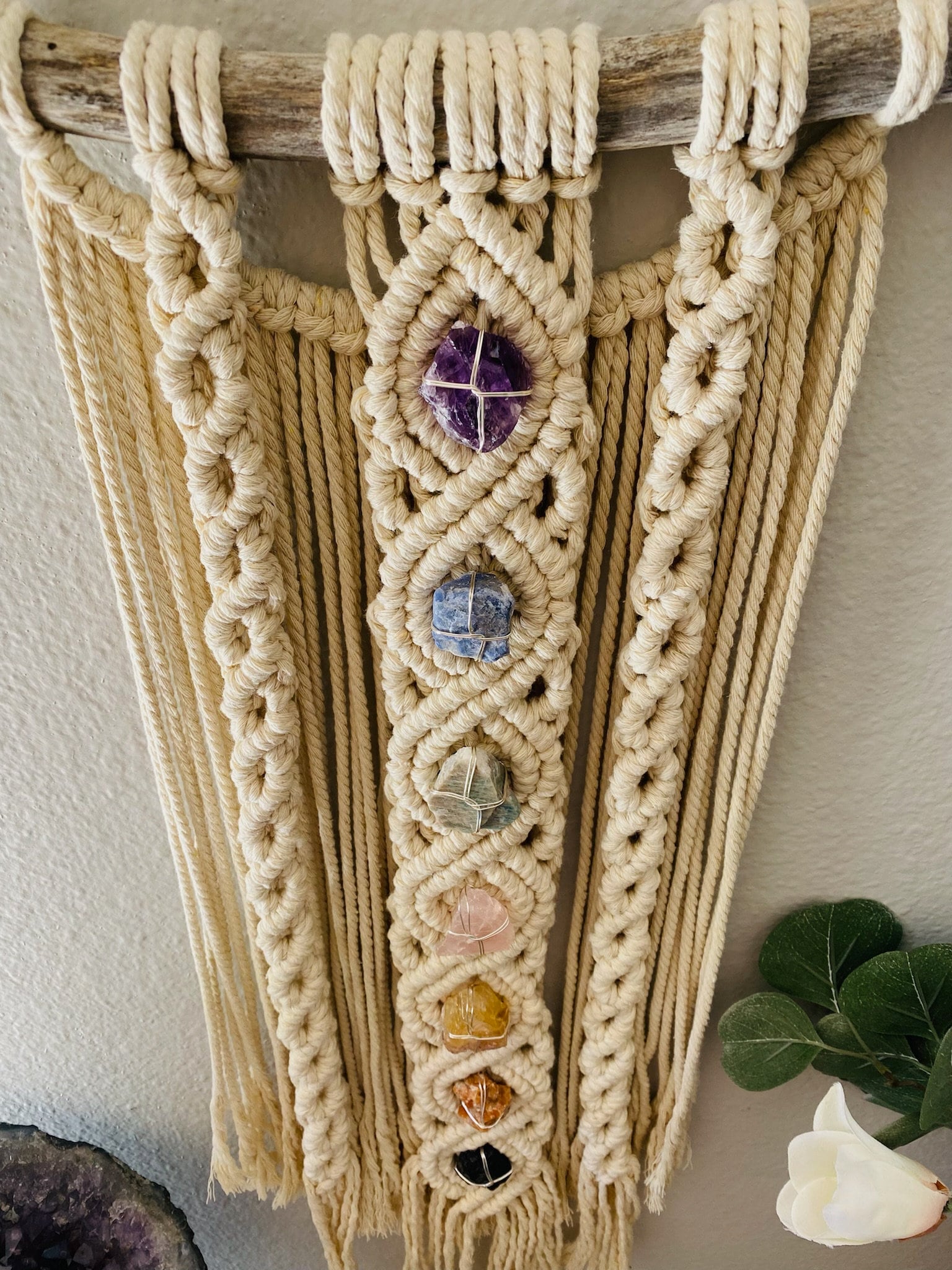 Chakra Macrame Wall Hanging With Rough Stones - Etsy