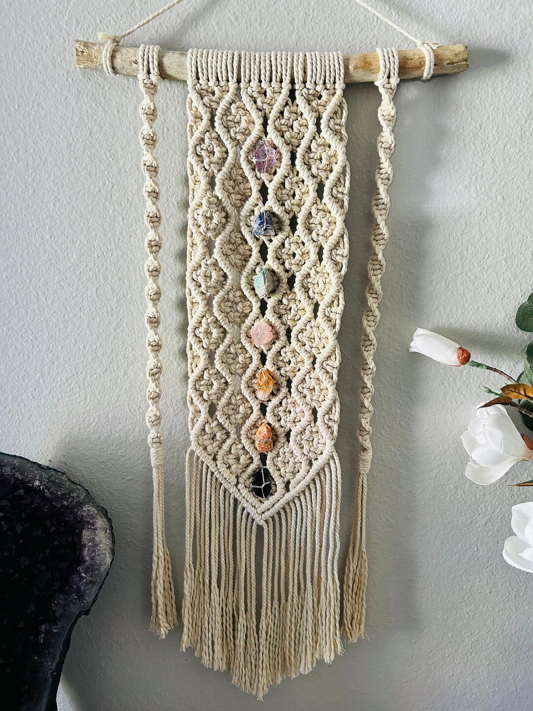 Chakra Macrame Wall Hanging With Rough Stones - Etsy