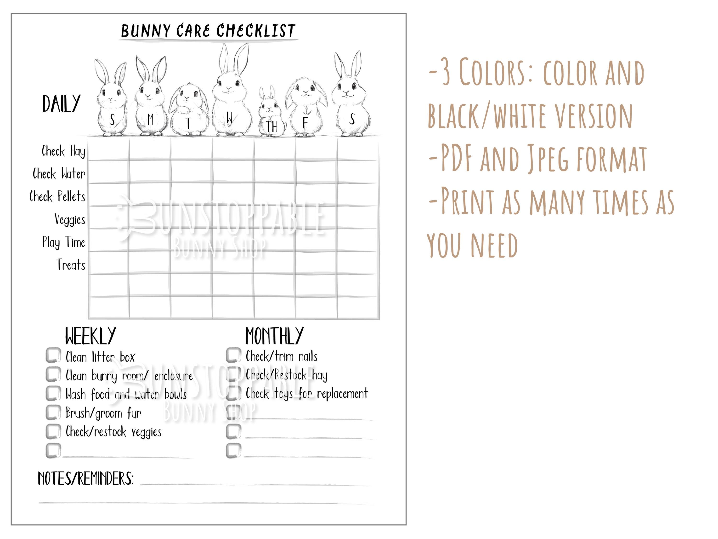 Printable Bunny Care Checklist / to Do List – Rabbit Care Guide for ...