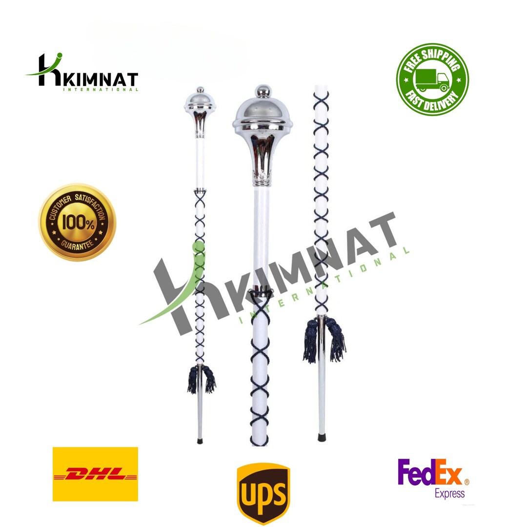 Drum Major Mace White Beech Wood Shaft Navy BLUE Cord Ball Top Three ...