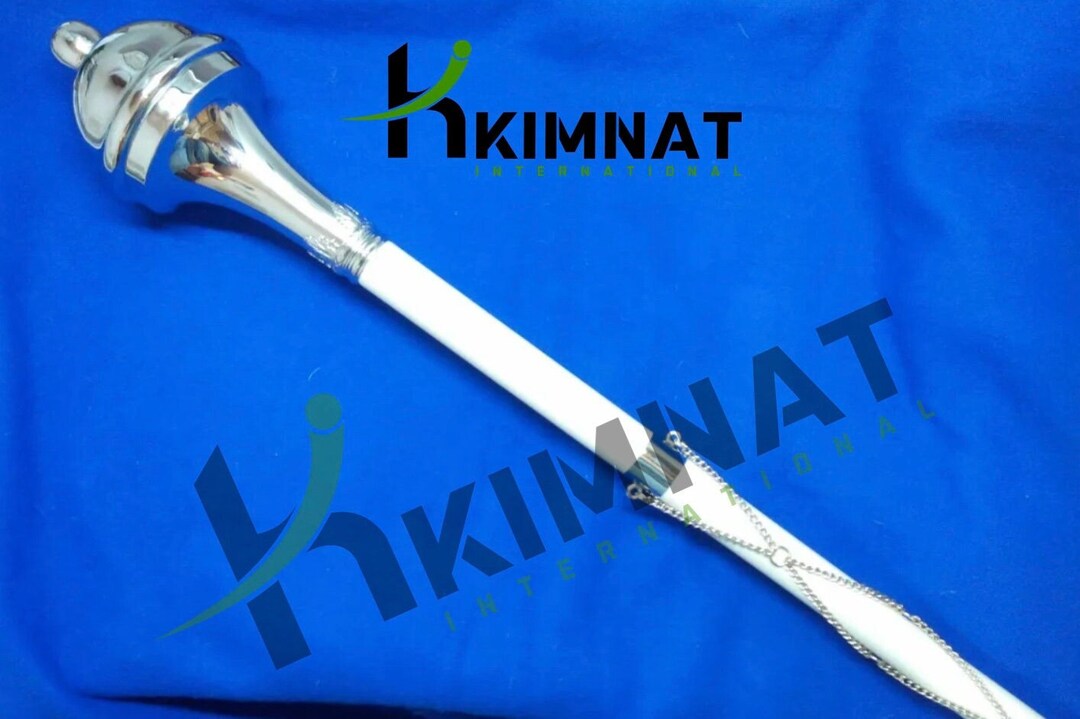 Drum Major Mace Stave & Stick White Shaft Plain Chrome Head Top Chain ...