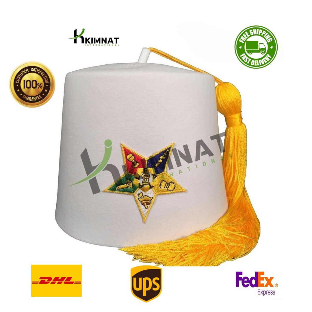 Order of Eastern Star Masonic OES White Fez Hat With Yellow Tassel New ...