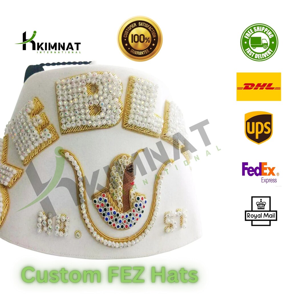 DOI Masonic Daughter of ISIS White Fez Hat With Rhinestones Embroidered ...