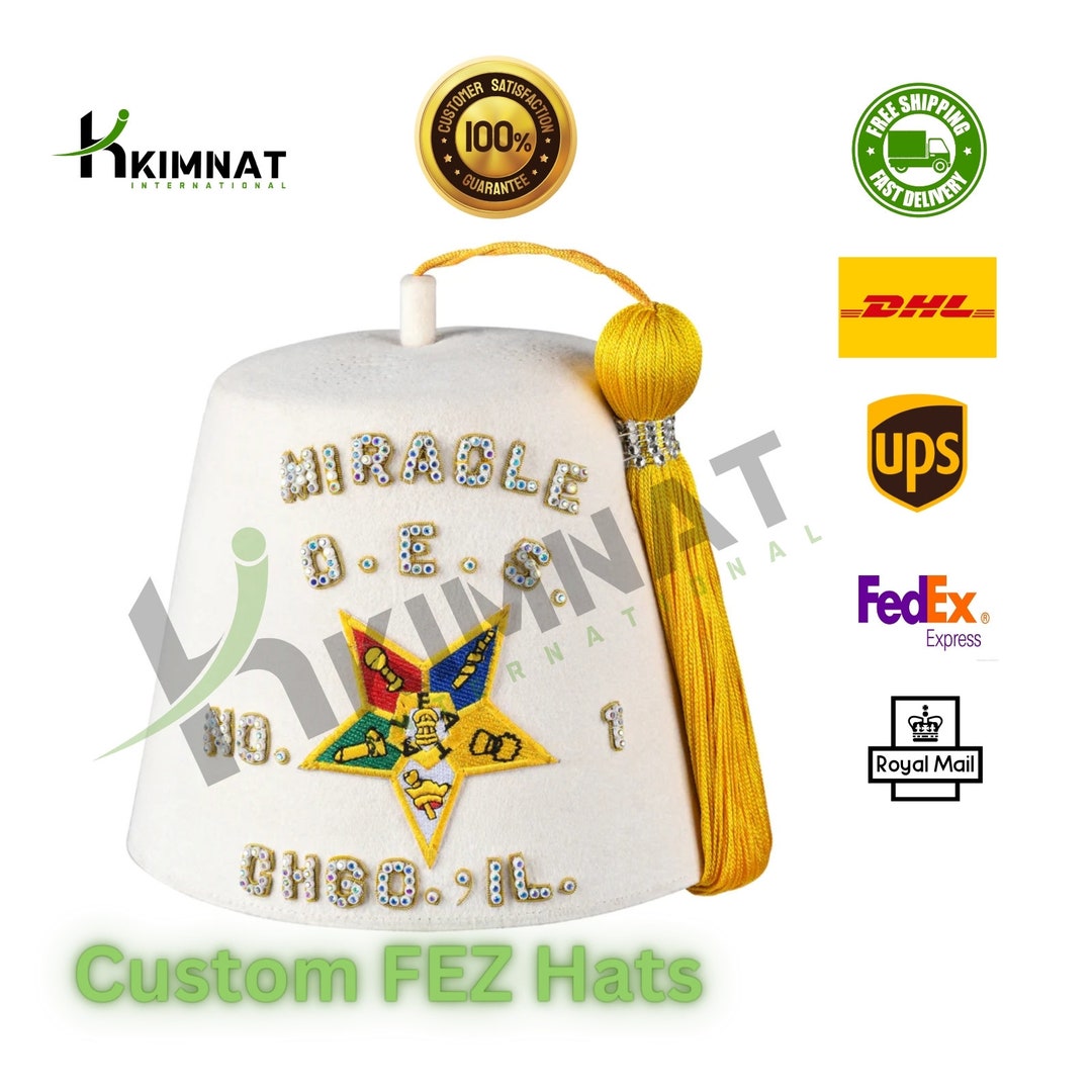 Masonic OES Pure White Fez Hand Embroidered Fez Hat With Eastern Star ...