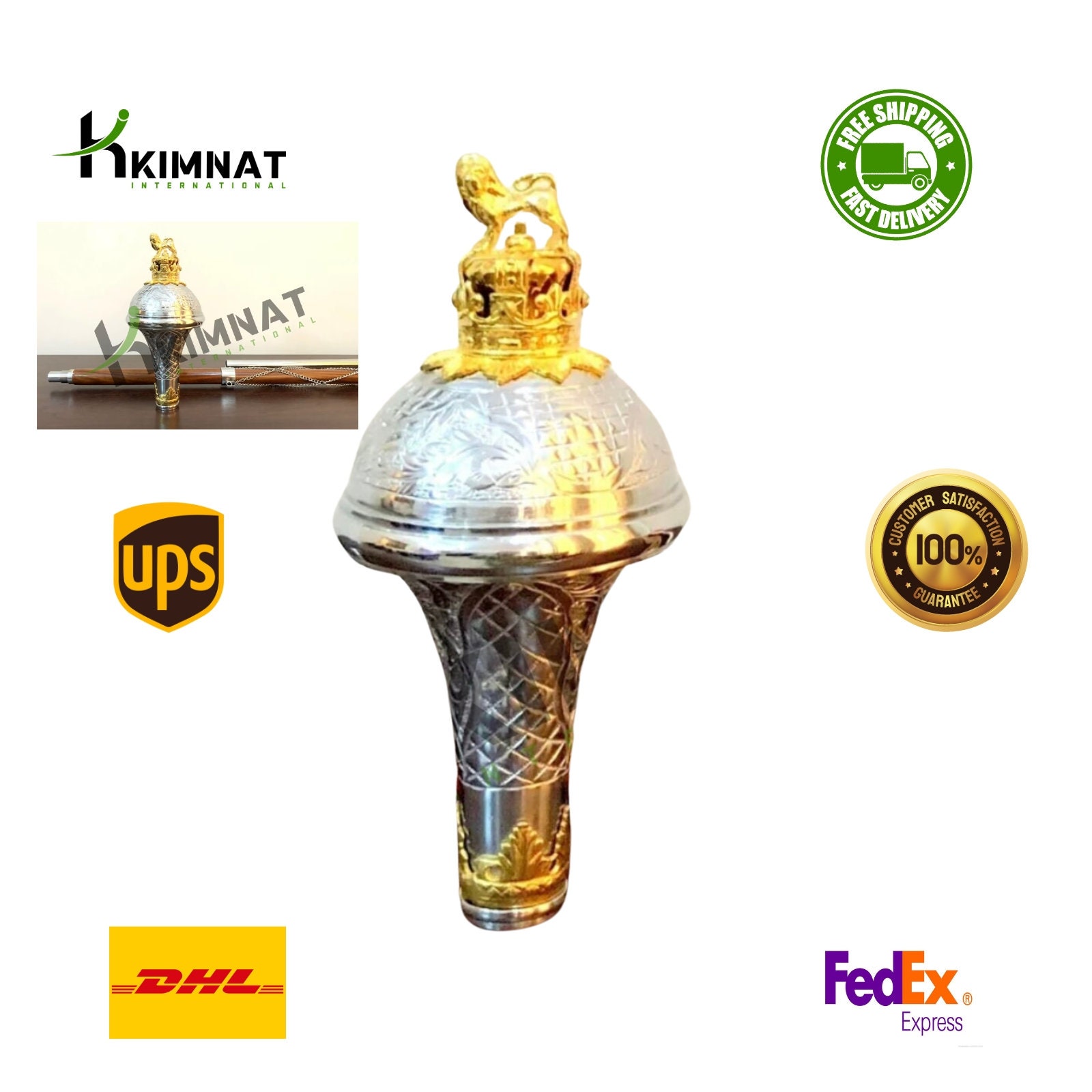 Drum Major Mace Stave & Stick Embossed Chrome Head With Gold Lion and ...