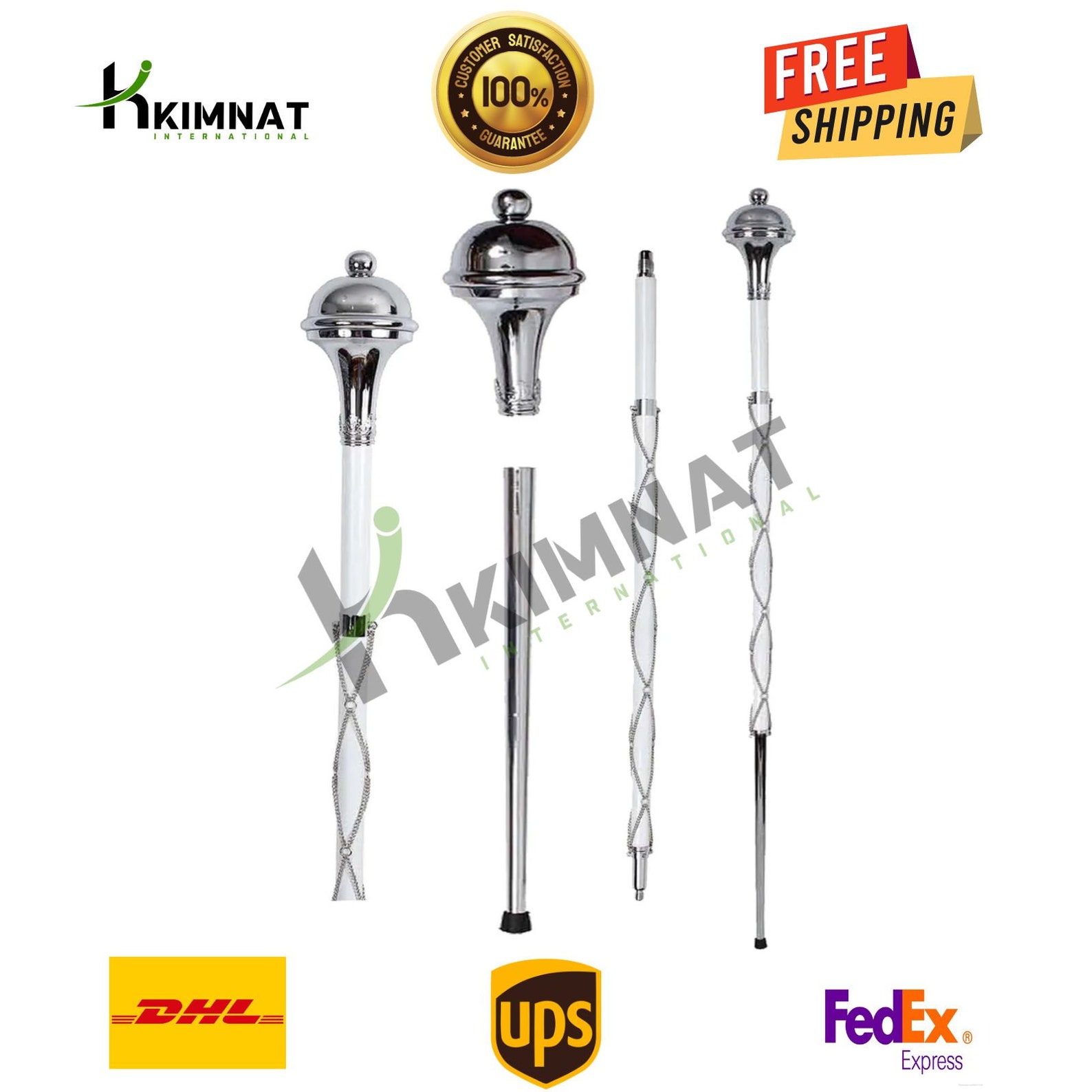 Drum Major Mace Stave & Stick Plain Chrome Ball Head Top Chain Fitted 3 ...