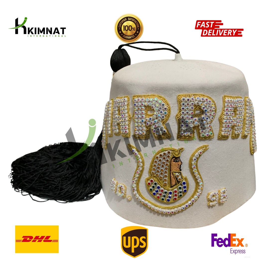 White Masonic Daughter of ISIS Fez With Custom Hand Embroidery and ...