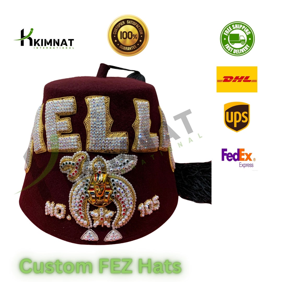 Masonic Shriner's Maroon Fez Hat Custom Hand Embroidered Lodge Name ...