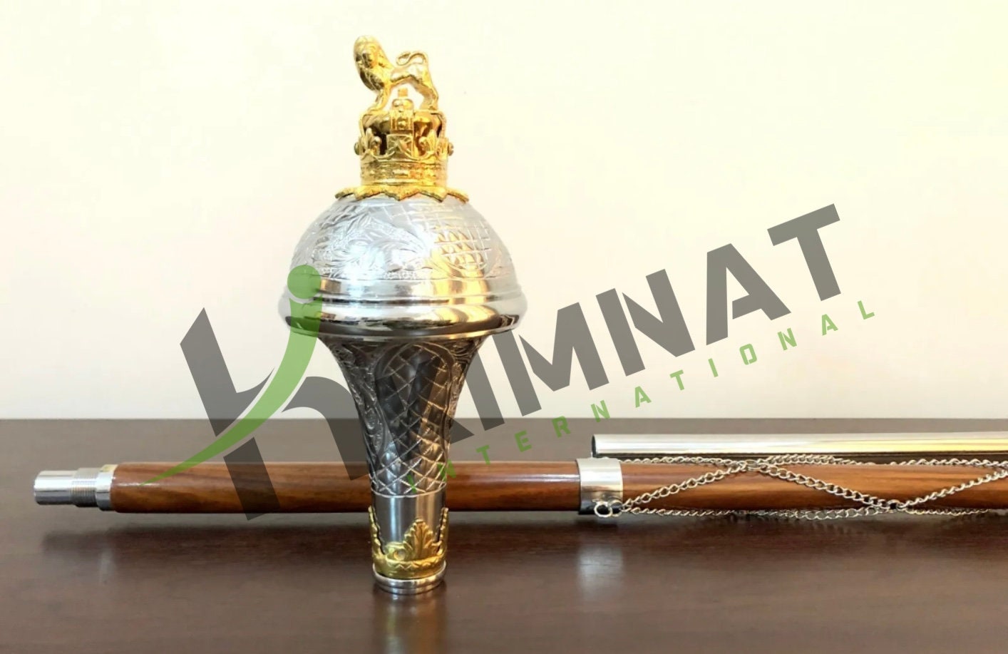 Drum Major Mace Stave & Stick Embossed Chrome Head With Gold Lion and ...