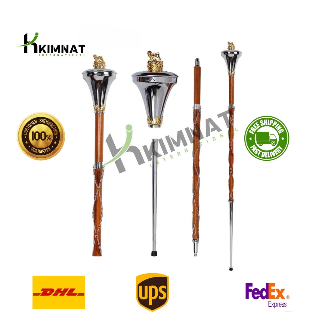 Flat Head Drum Major Mace Chrome Head Golden Lion & Crown Natural ...