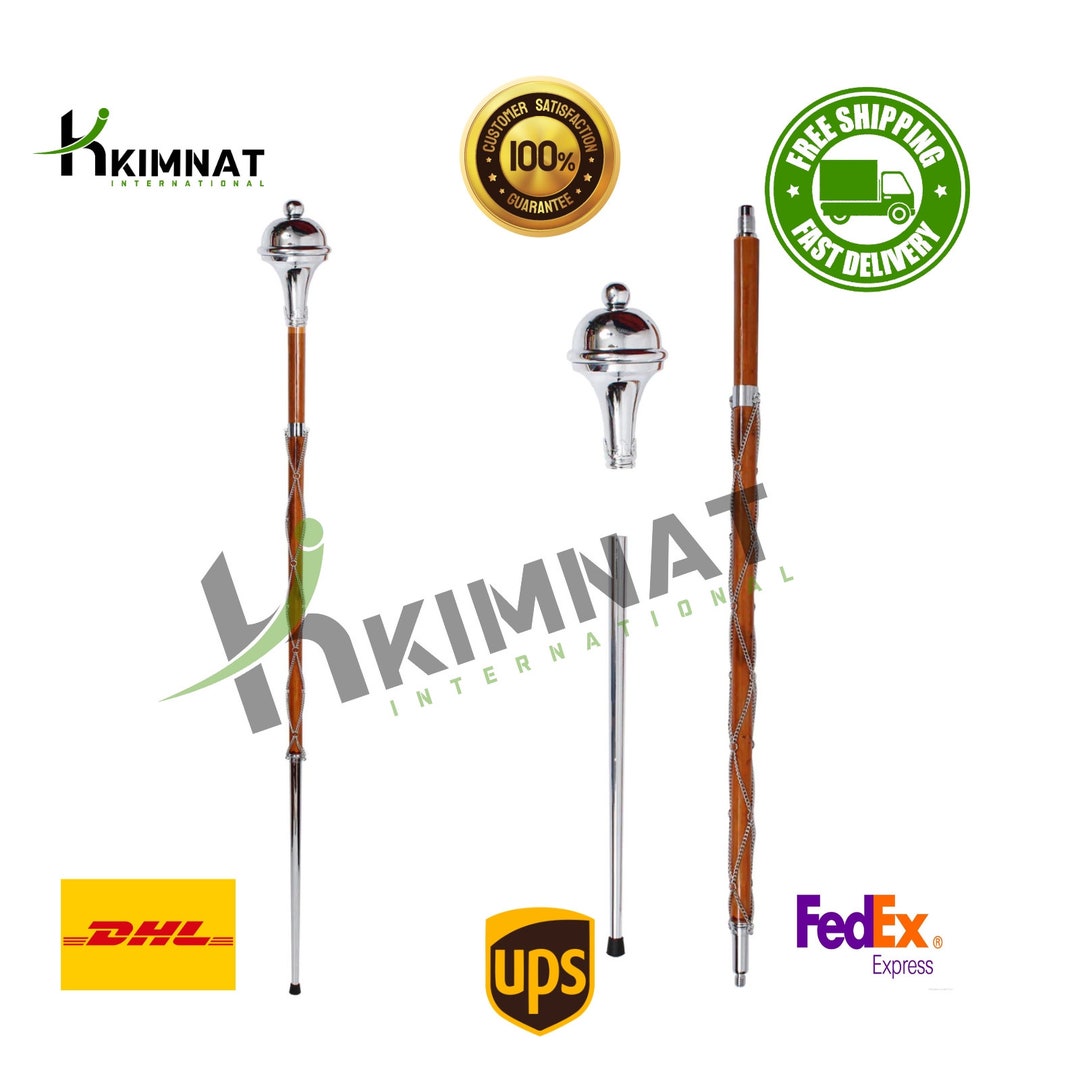 Drum Major Mace Stick Plain Chrome Head Ball Top Natural Malacca Cane ...
