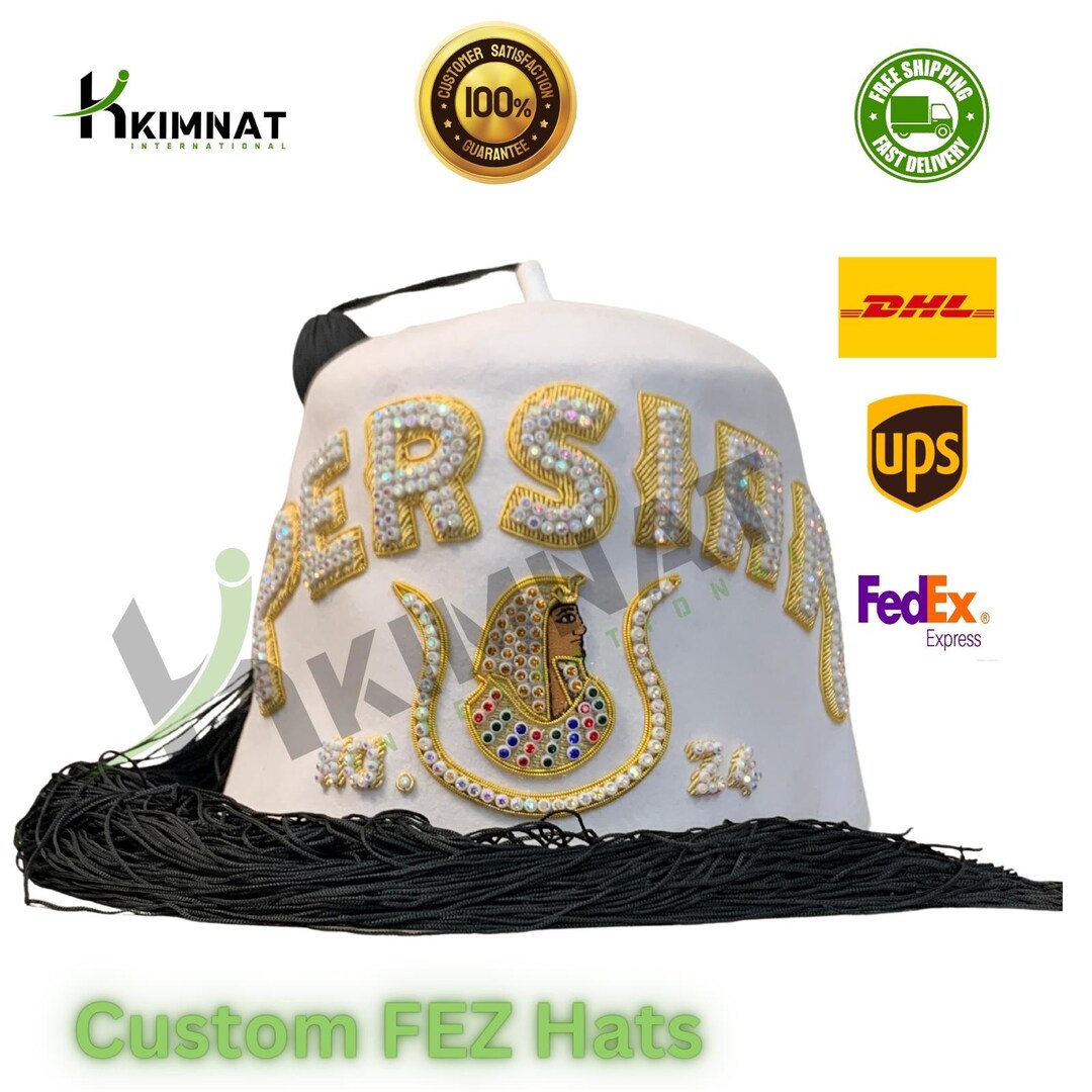 Custom Masonic Daughter of ISIS Fez Cap Pure White With Hand Embroidery ...