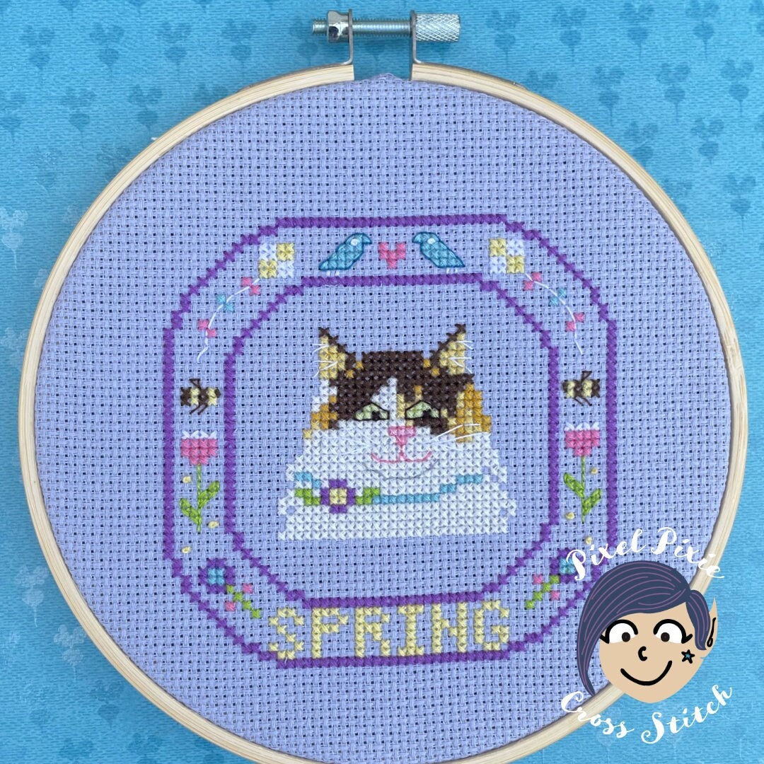 Spring Cross Stitch Pattern, Cat Cross Stitch Pattern, Cute Cross Stitch Pattern, Maine Coon ...