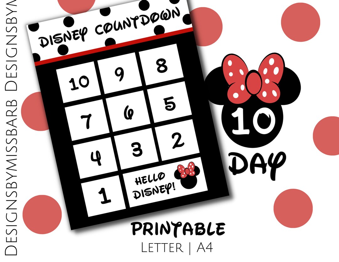 10 Day Vacation Countdown Printable, Minnie Countdown, 10 Days Until ...