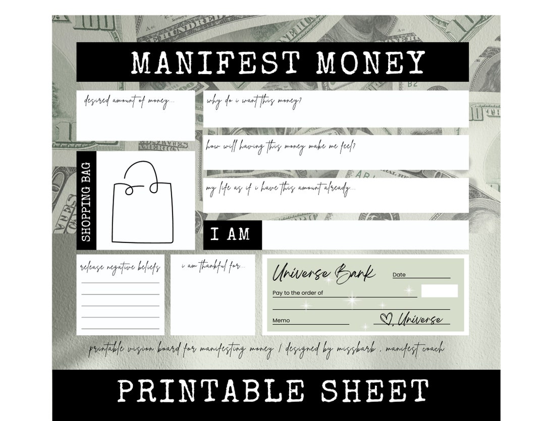 Money Vision Board Printable Worksheet to Attract Money, Wealth and ...