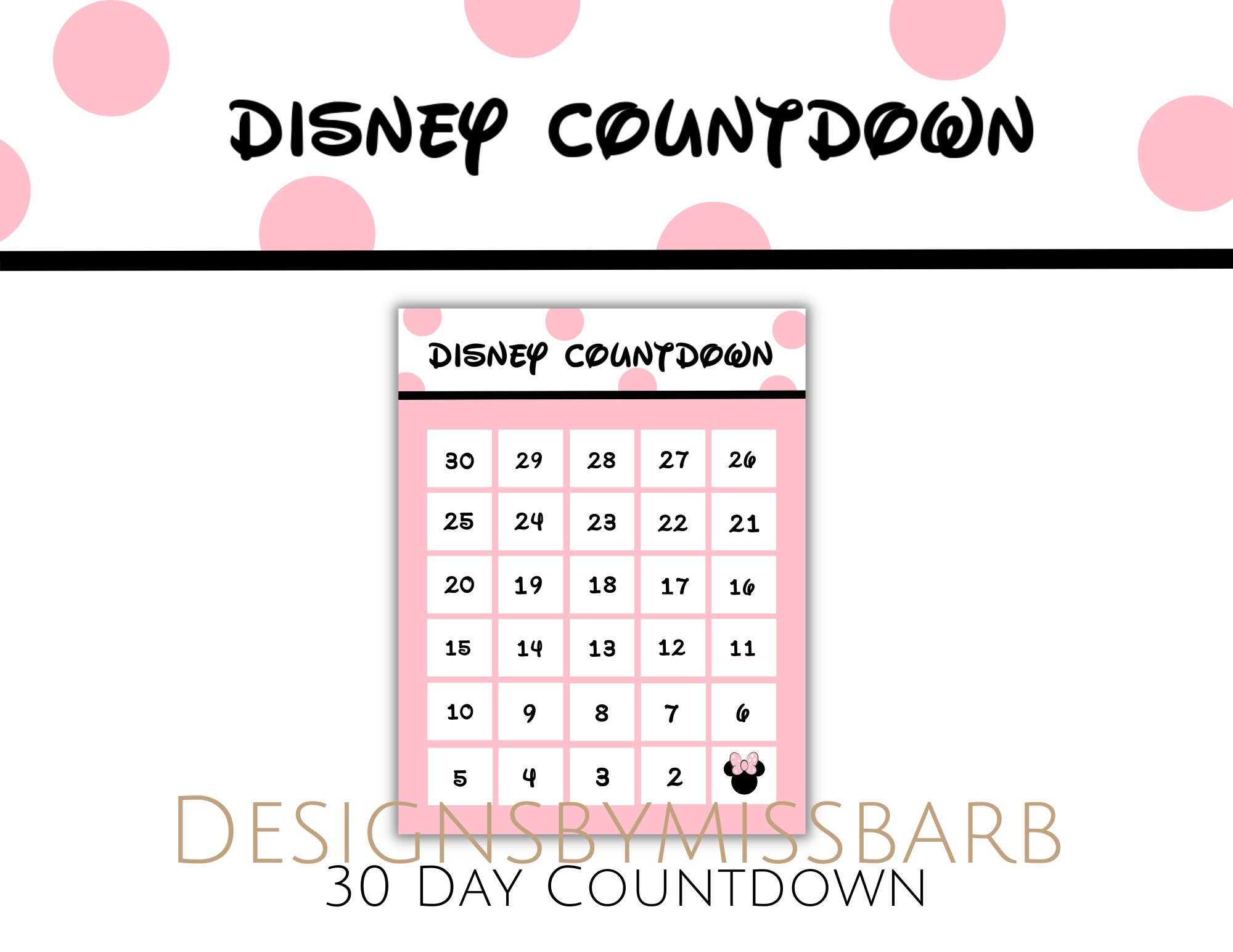 30 Day Vacation Countdown Printable, Pink Minnie Inspiration, 30 Days ...