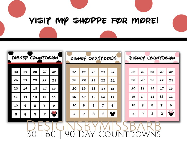 Minnie 30 Day Printable Vacation Countdown, Vacation Countdown Size US ...