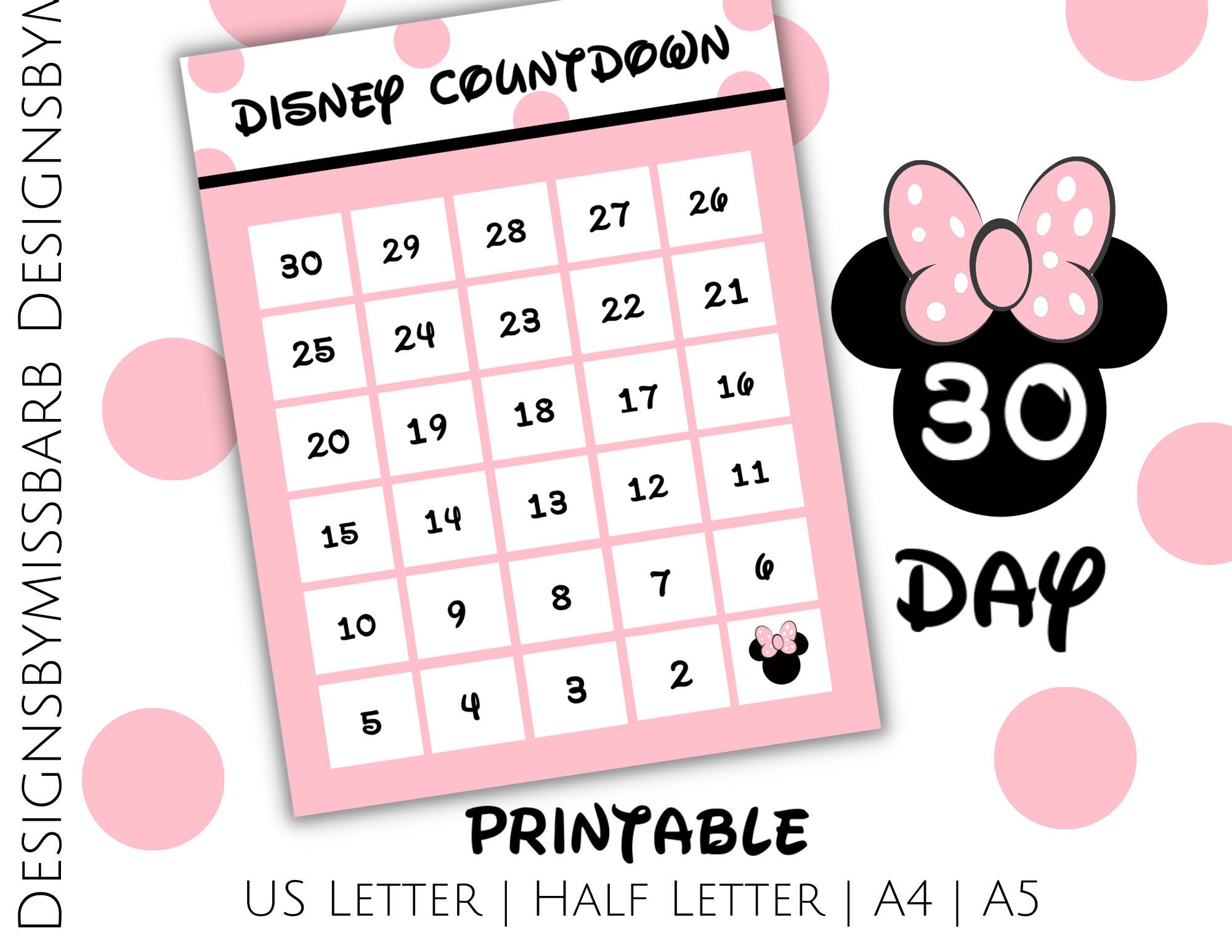 30 Day Vacation Countdown Printable, Pink Minnie Inspiration, 30 Days ...
